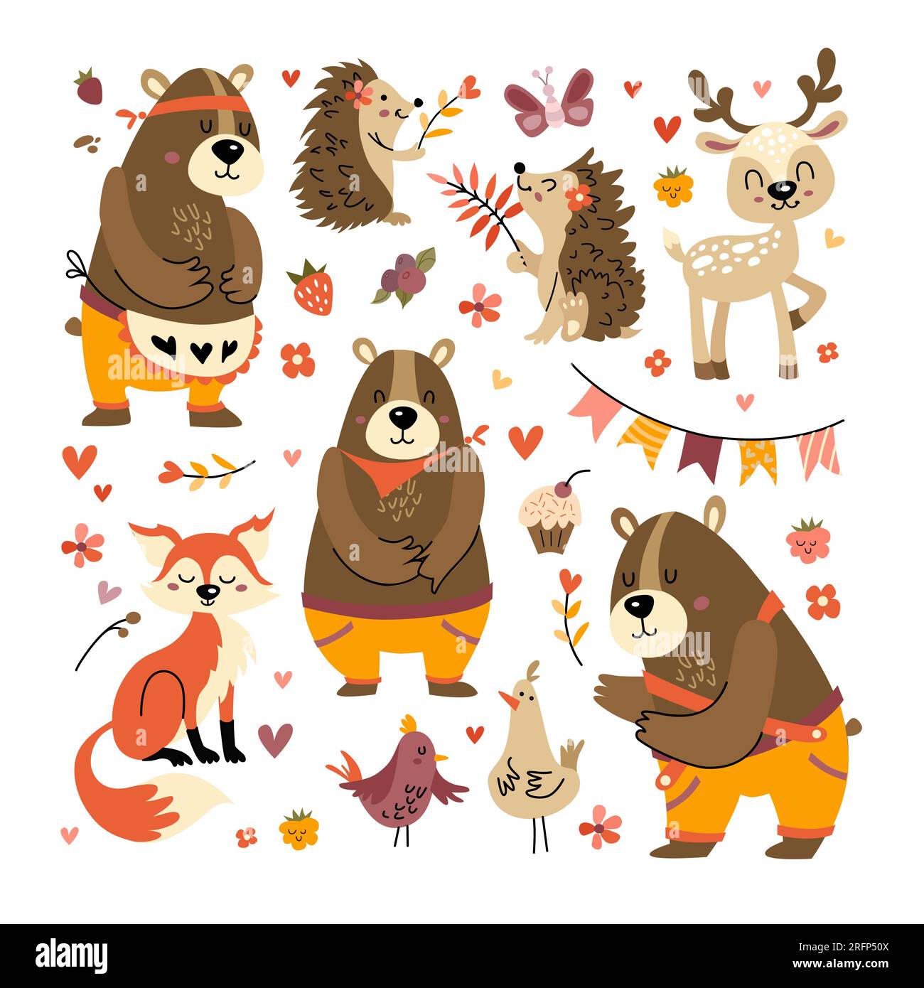 Cute animals cartoon. Woodland deer, bear, fox and hedgehog. Little ...