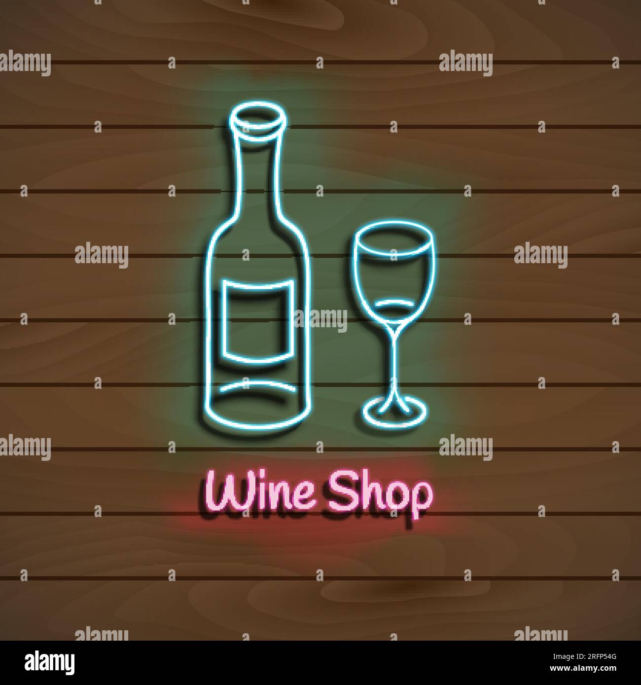 Wine shop. Neon blue sign. light banner on a wooden wall. Vector ...