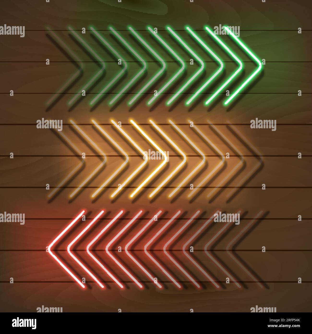 Neon green, yellow and red arrows on a wooden wall. Vector Illustration ...