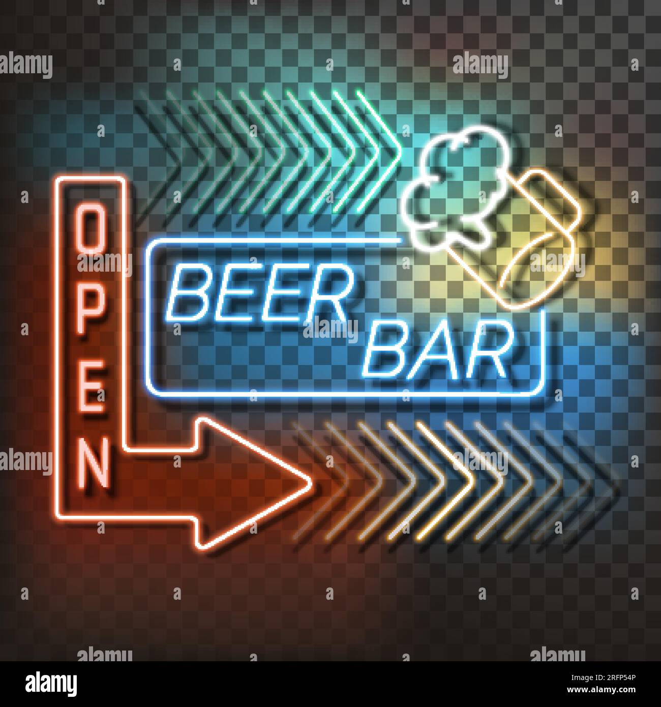 Beer bar neon light banner on a transparent background. Blue and orange ...