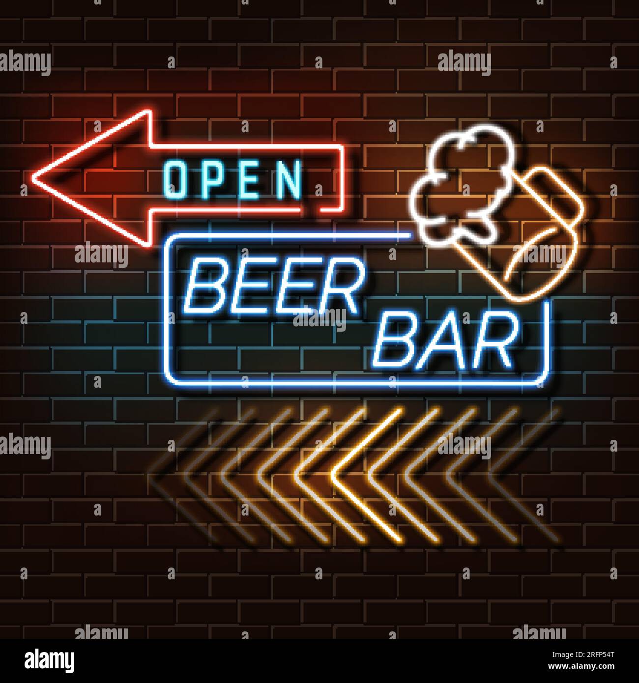 Beer bar neon light banner on a brick wall. Blue and orange sign ...