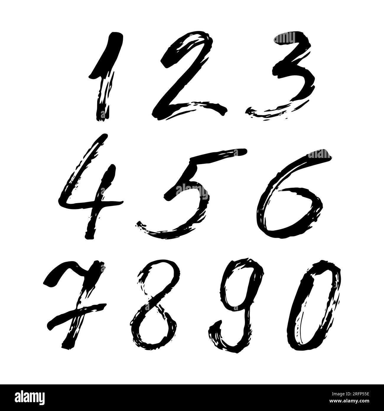 Set of calligraphic numbers painted by black brush on isolated white ...
