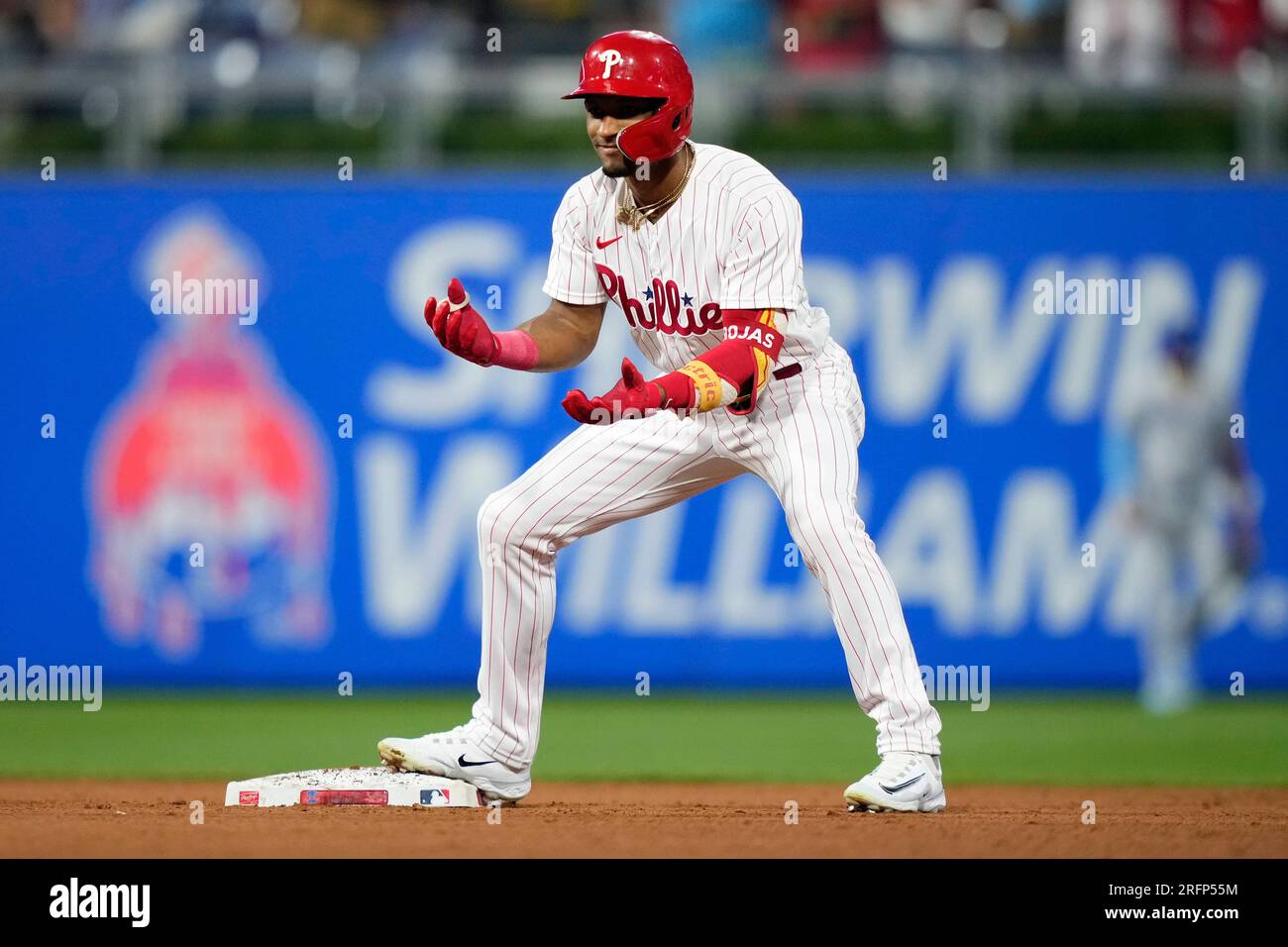 Philadelphia Phillies' Johan Rojas reacts after hitting a two-run ...