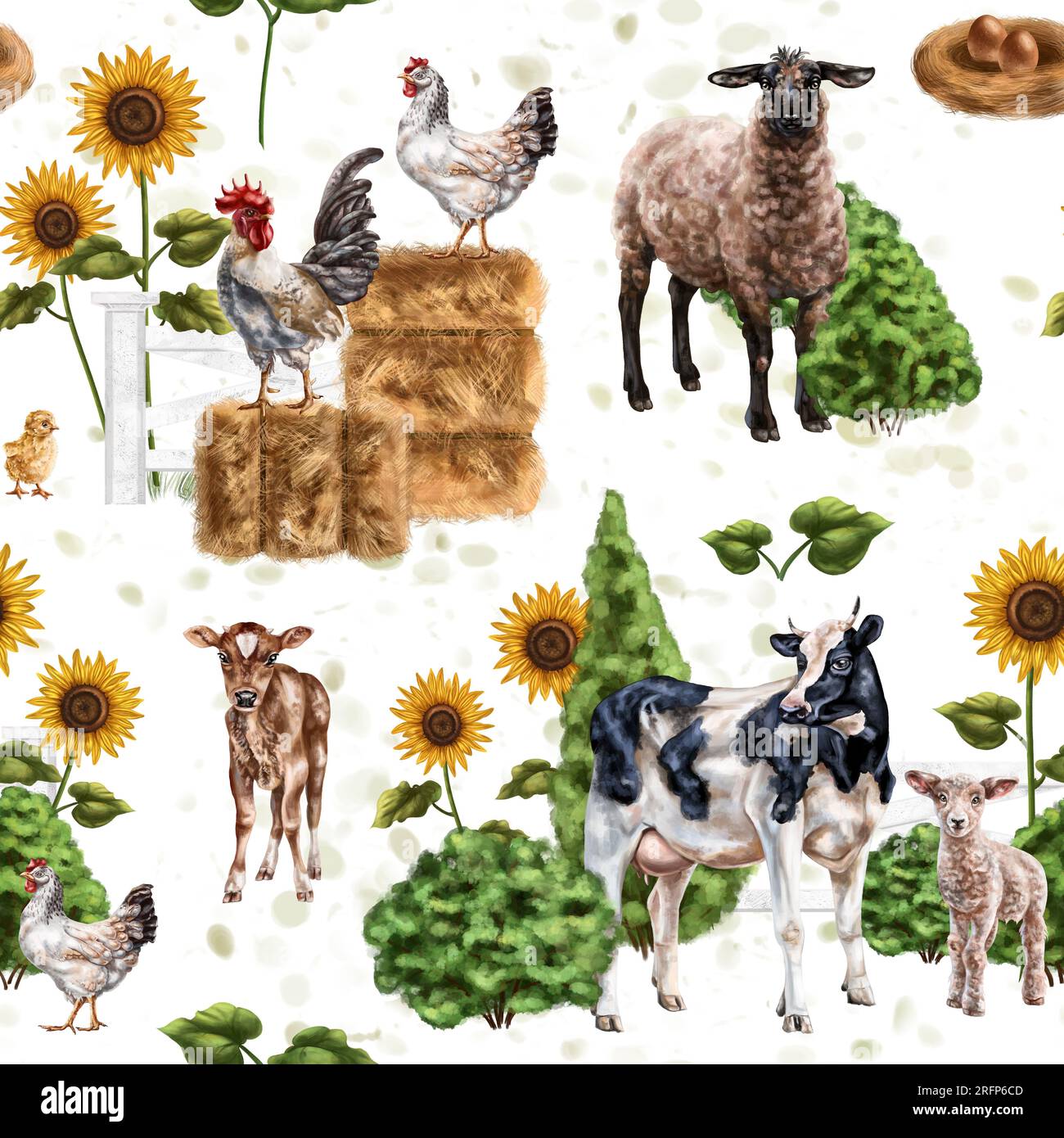 Farm animals in a meadow on a pasture. Cows, sheep and chickens on a ...