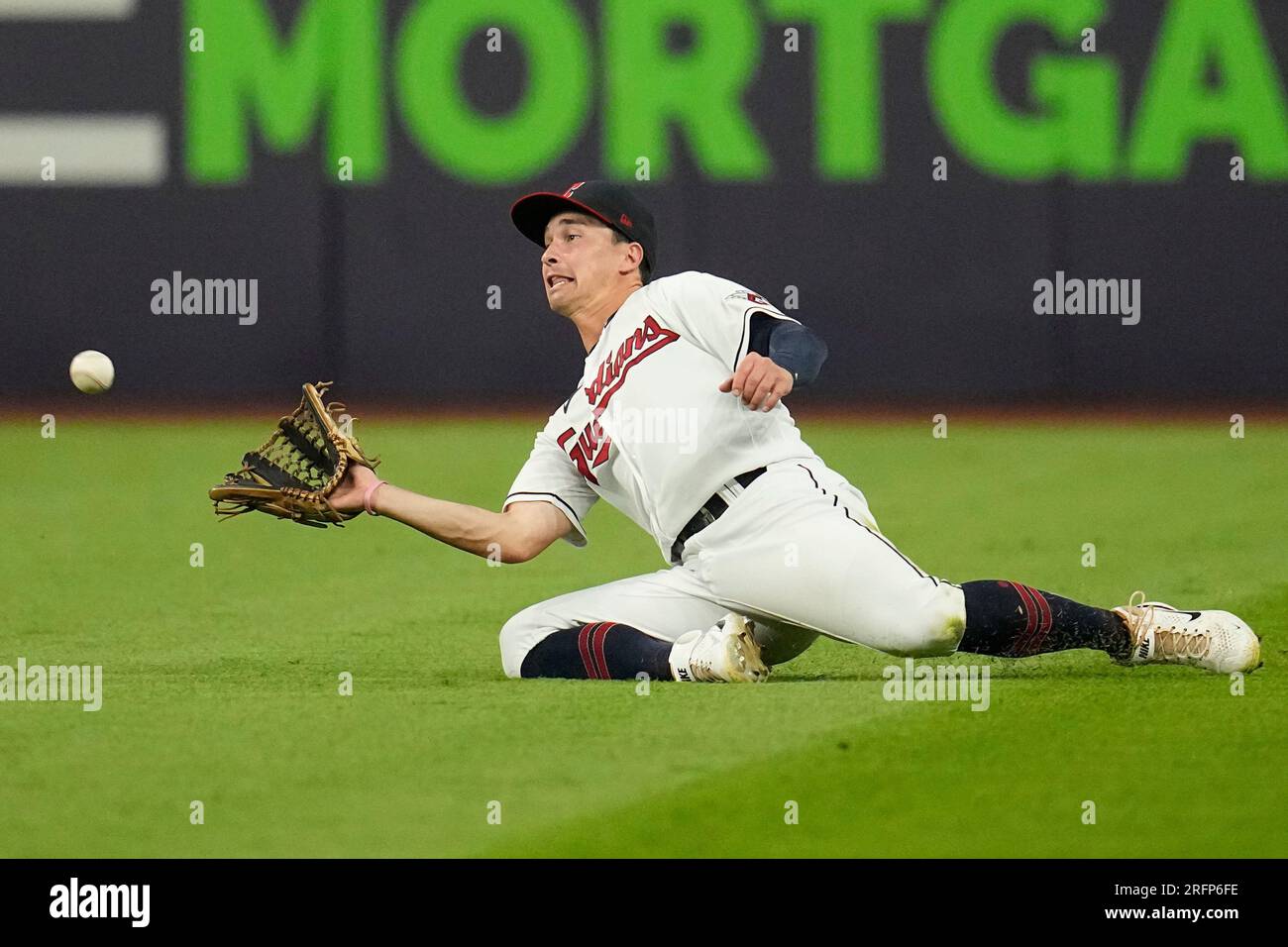 Cleveland Guardians right fielder Will Brennan catches a fly ball hit ...