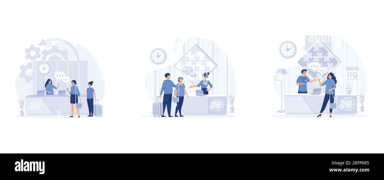 Hotel reception, Male customer standing at reception desk and talking ...