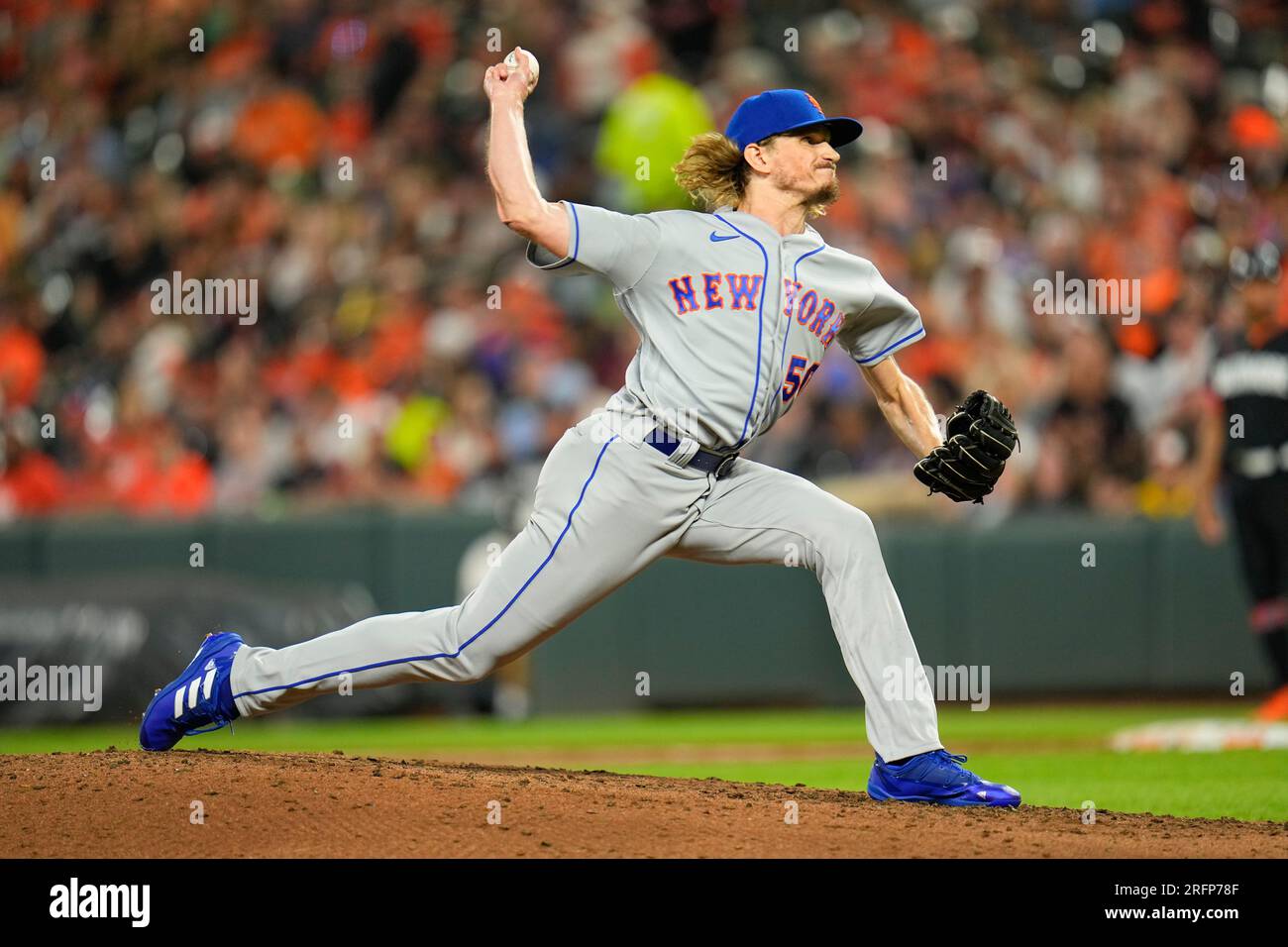 New York Mets relief pitcher Phil Bickford throws to the Baltimore Orioles in the sixth inning ...