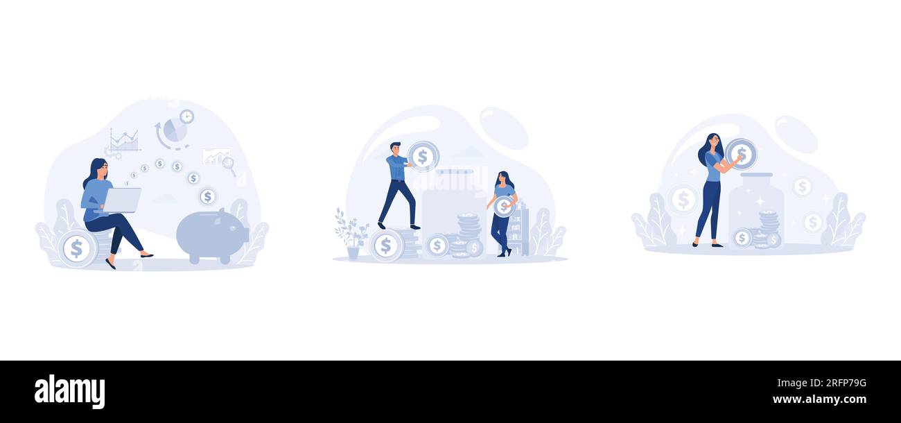 Finance Savings Concept, Man and woman inserting cash into glass jar ...