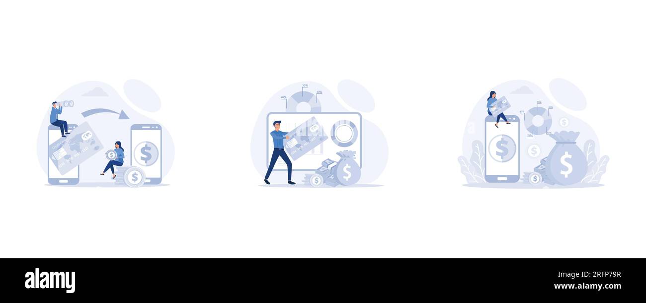 Transfers money, Virtual finance concept with outline people scene, non ...