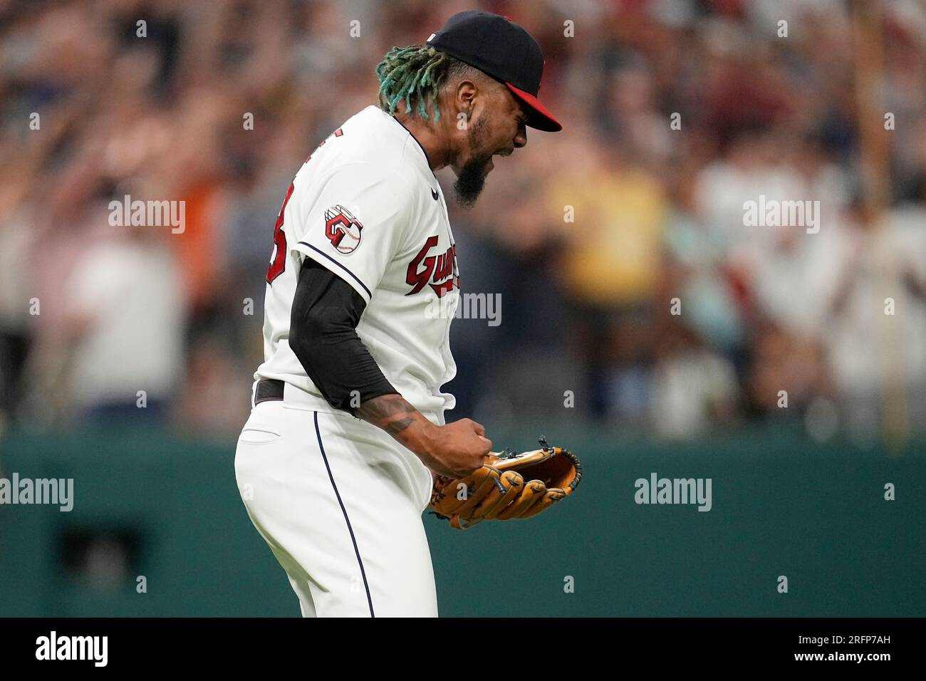 Cleveland Guardians relief pitcher Emmanuel Clase celebrates after his ...