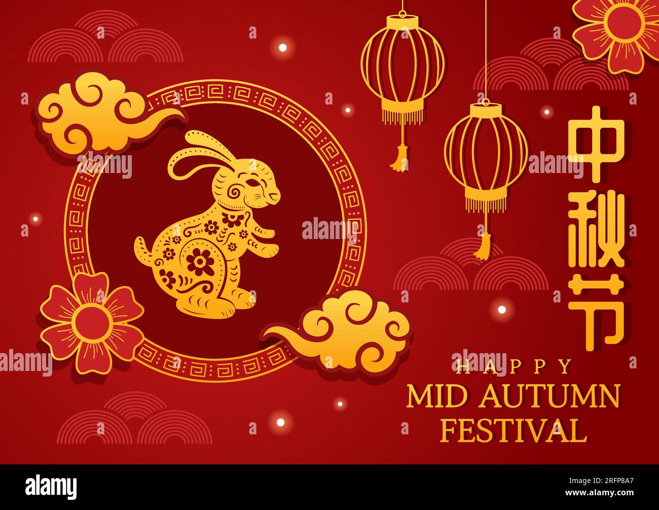 Happy Mid Autumn Festival Vector Illustration with Rabbits Carrying Lanterns and Enjoy Mooncake ...