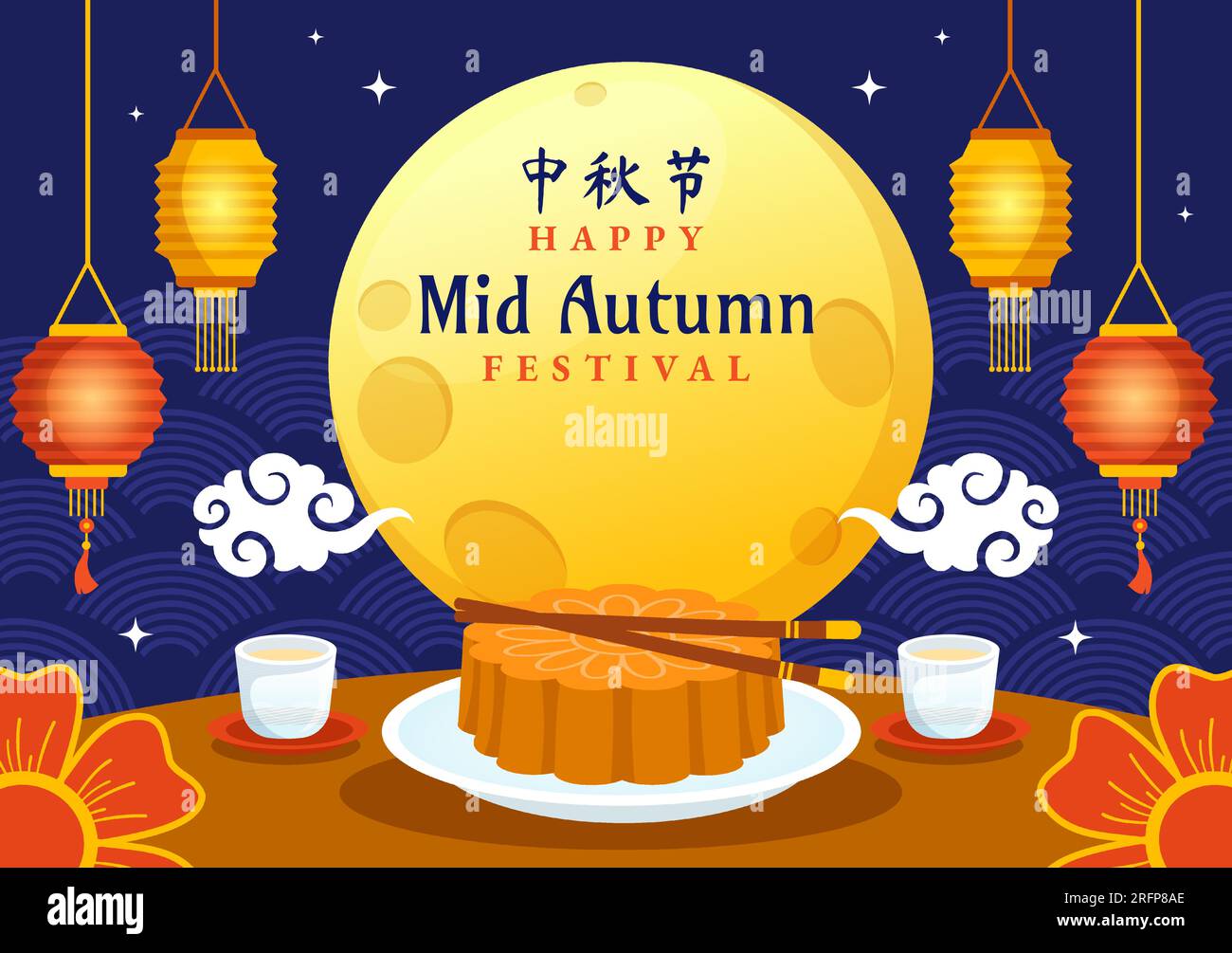Happy Mid Autumn Festival Vector Illustration with Rabbits Carrying Lanterns and Enjoy Mooncake ...