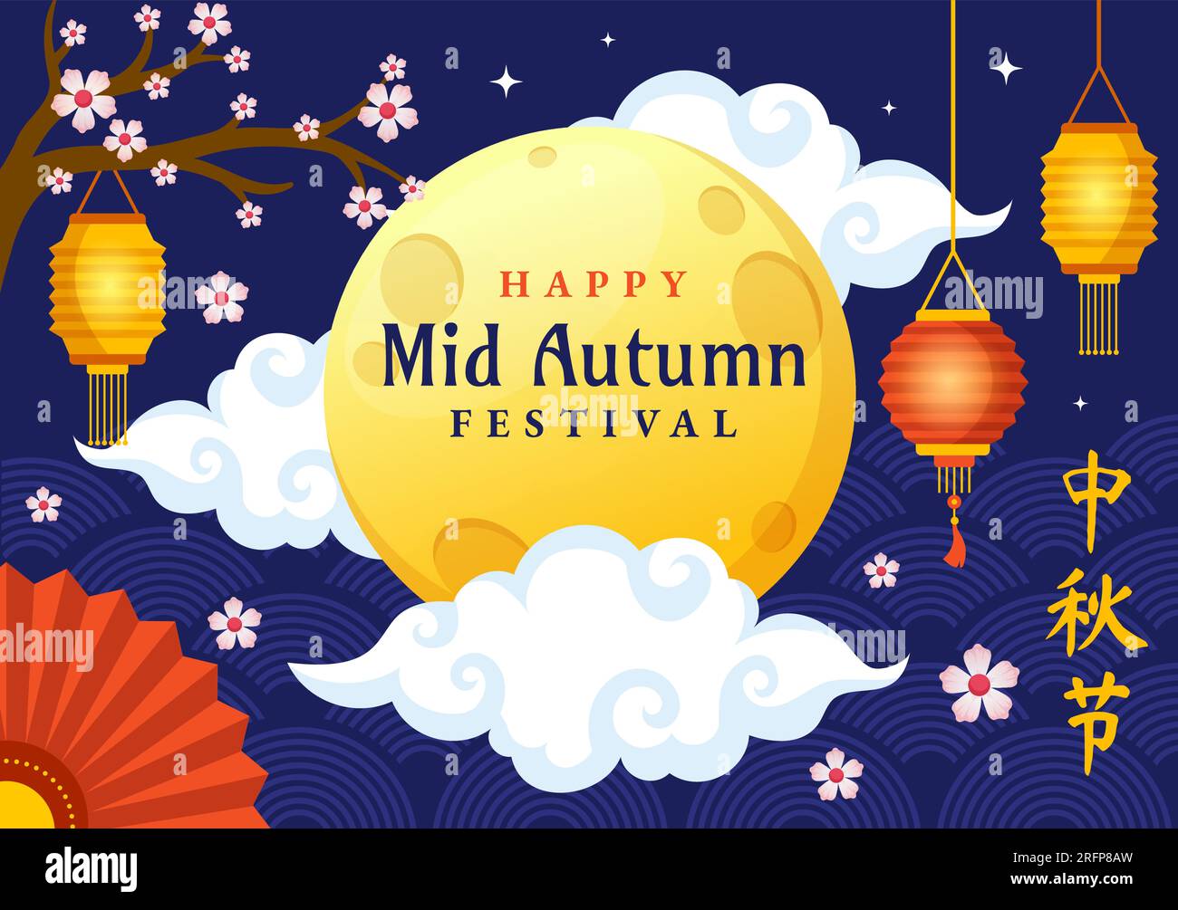 Happy Mid Autumn Festival Vector Illustration with Rabbits Carrying Lanterns and Enjoy Mooncake ...