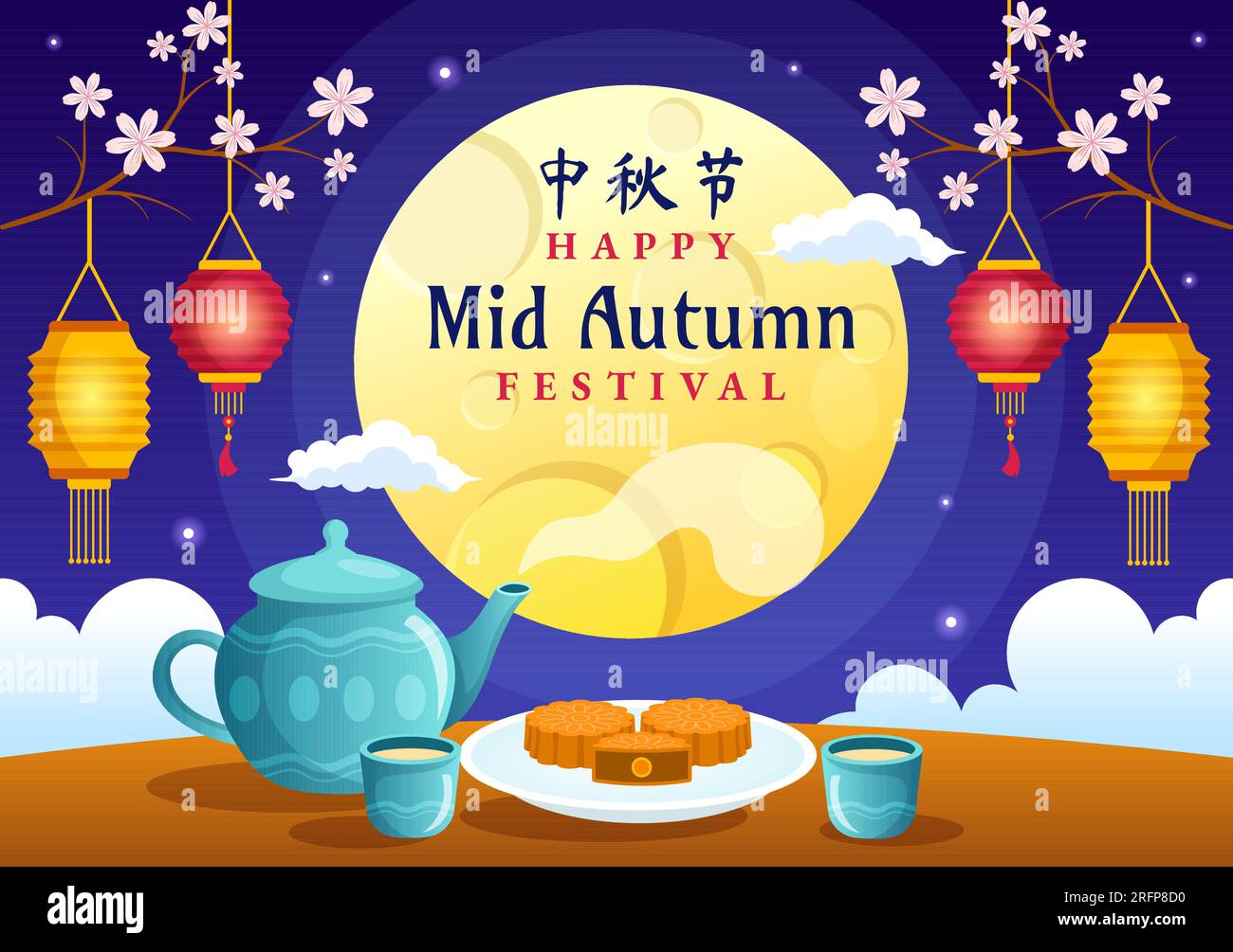 Happy Mid Autumn Festival Vector Illustration with Rabbits Carrying Lanterns and Enjoy Mooncake ...