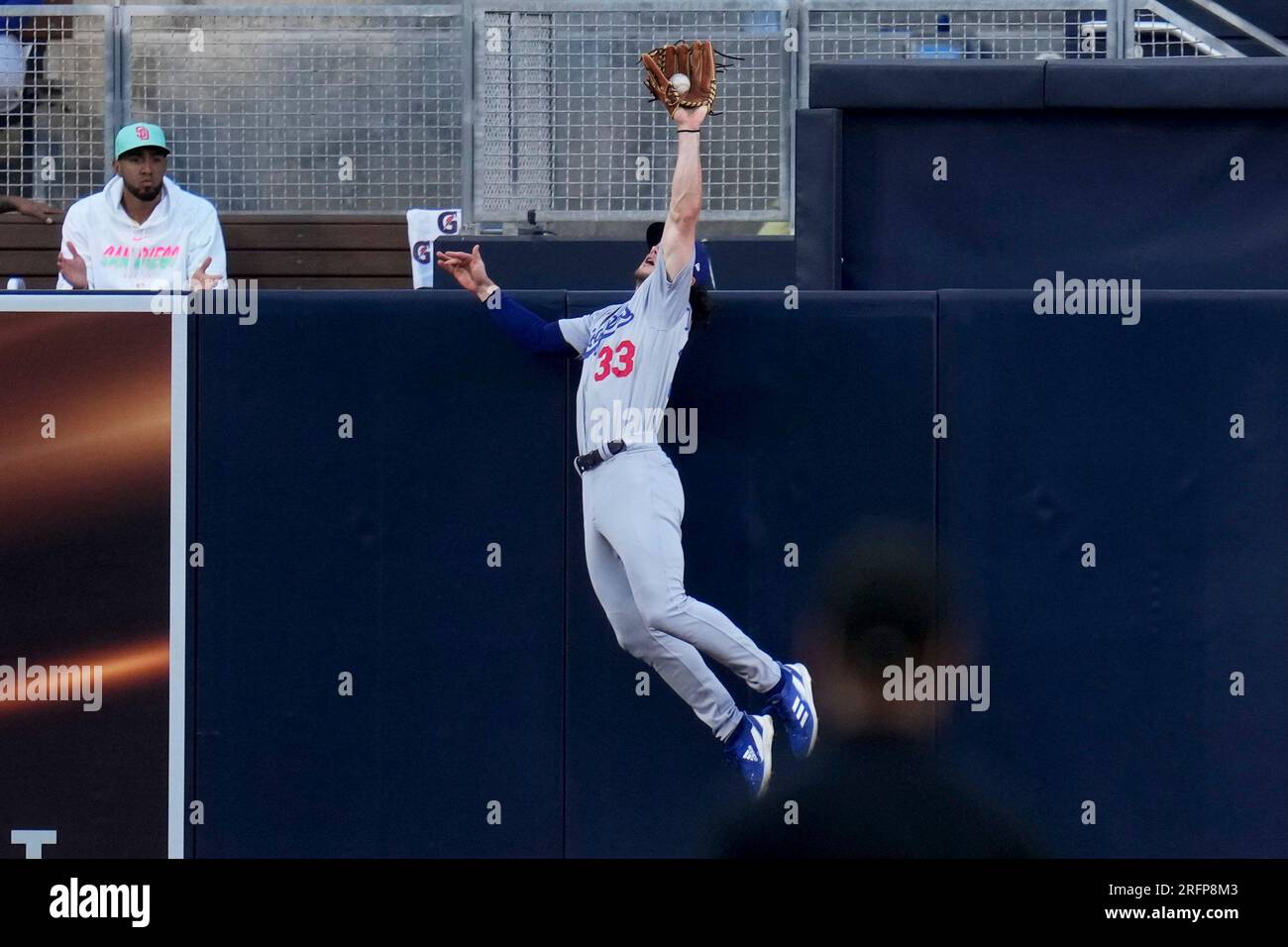 Los Angeles Dodgers center fielder James Outman makes the catch at the ...
