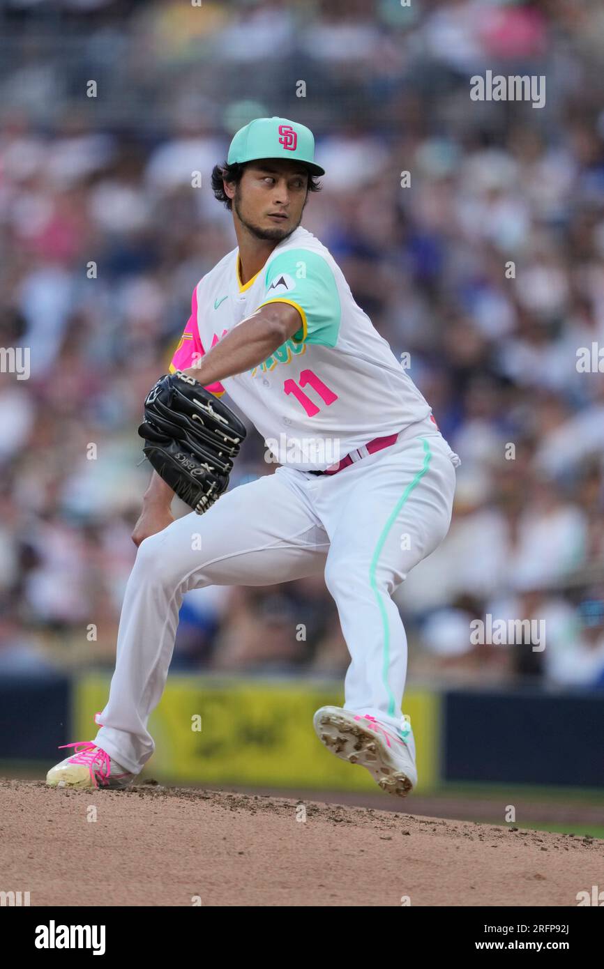 San Diego Padres starting pitcher Yu Darvish works against a Los ...