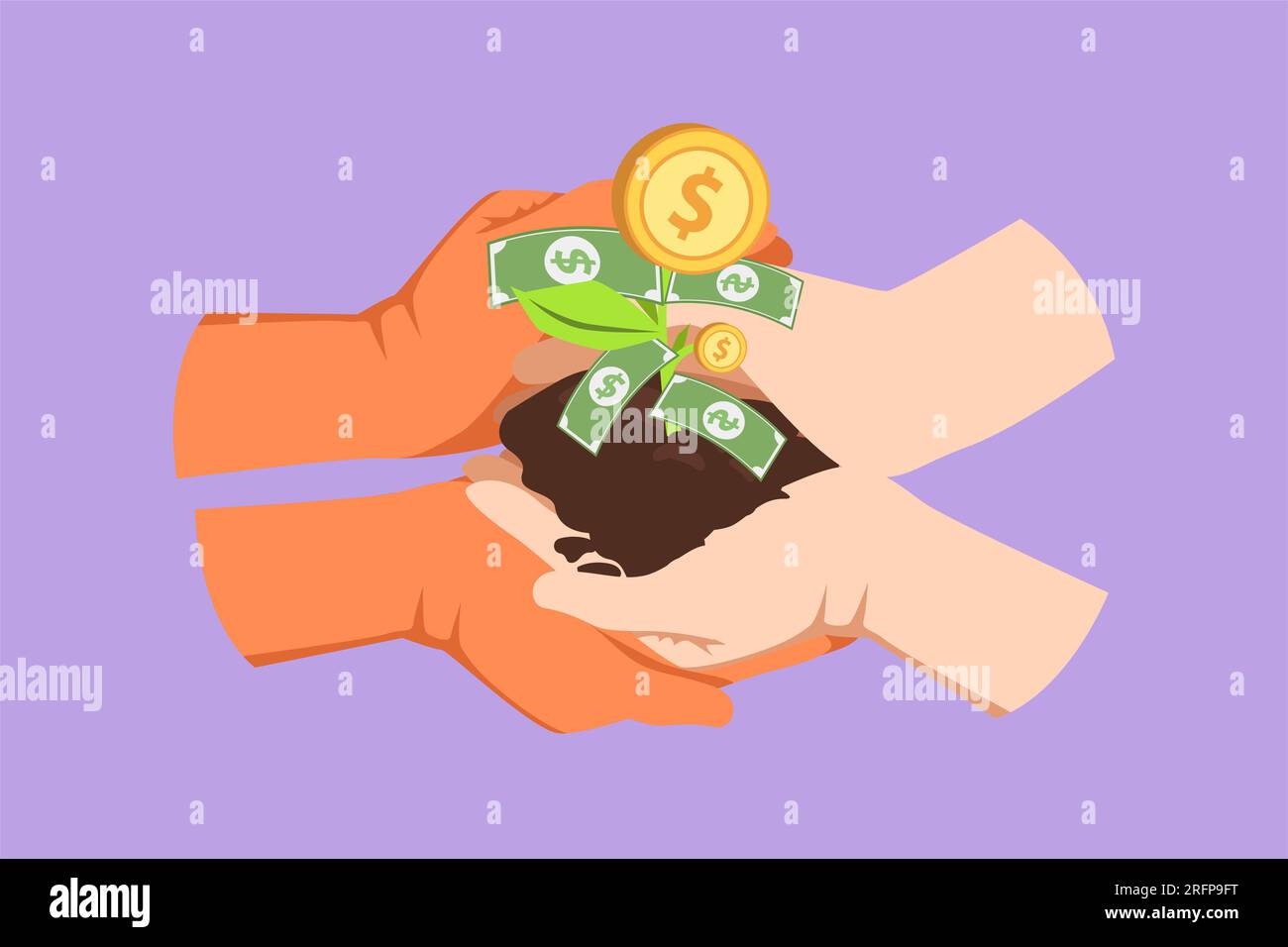 Cartoon flat style drawing two hands holding money tree together. Hand ...