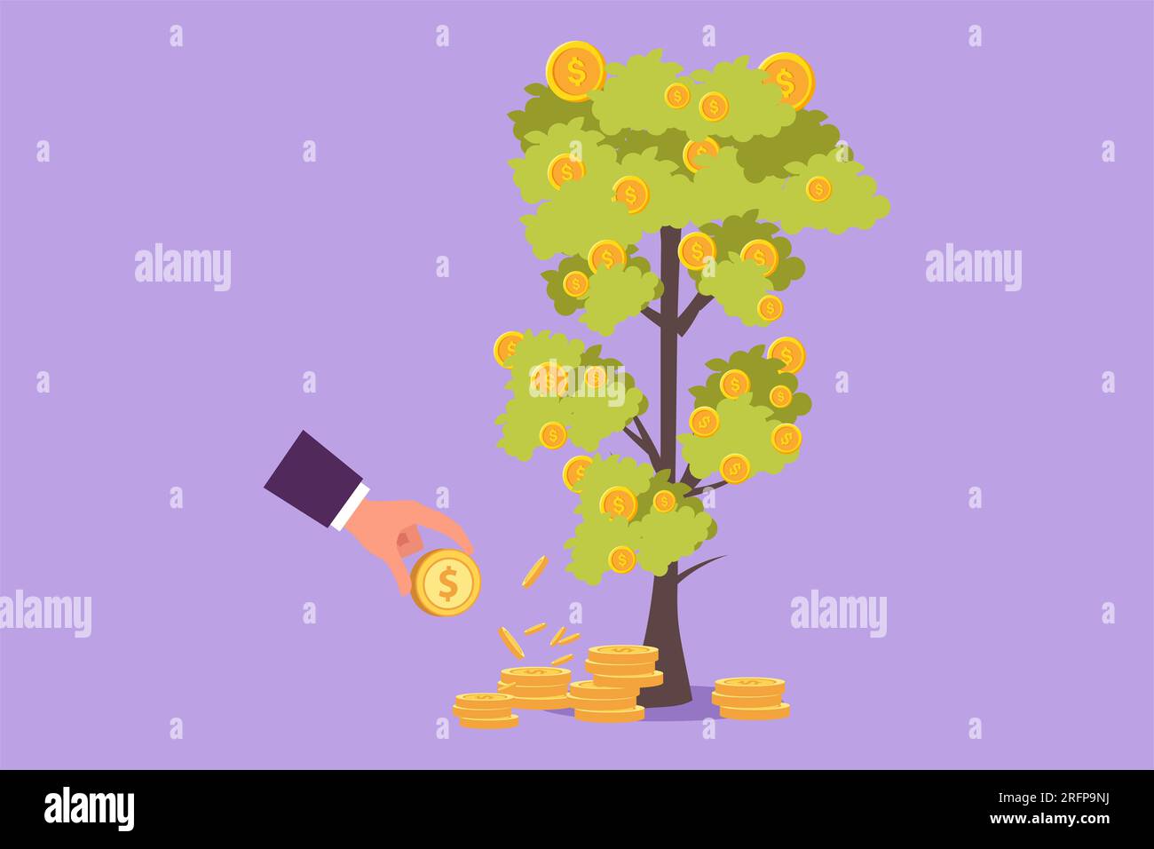 Graphic flat design drawing businessman hand pick up coin from growing ...