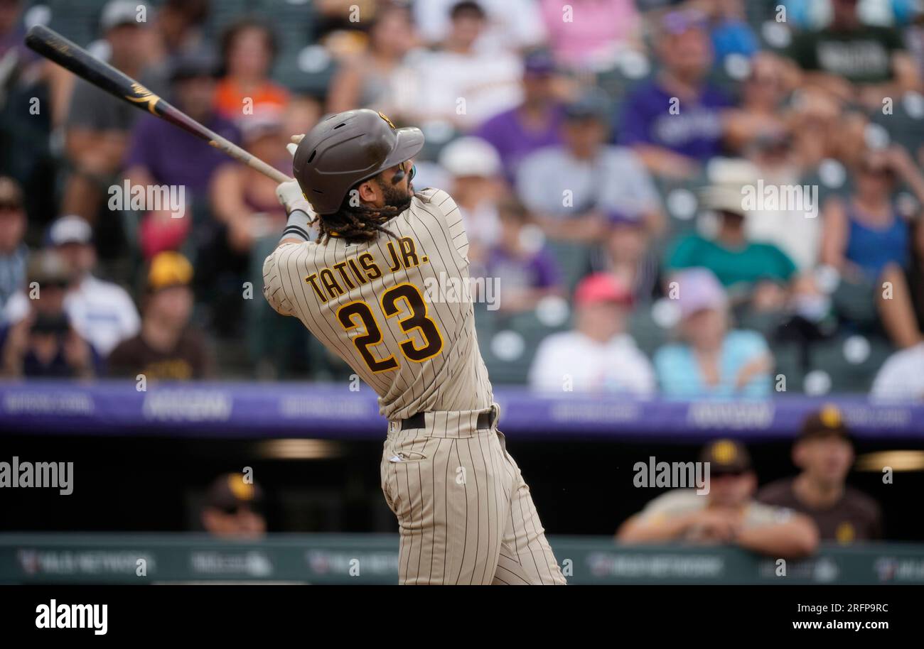 San Diego Padres' Fernando Tatis Jr. follows the flight of his three ...