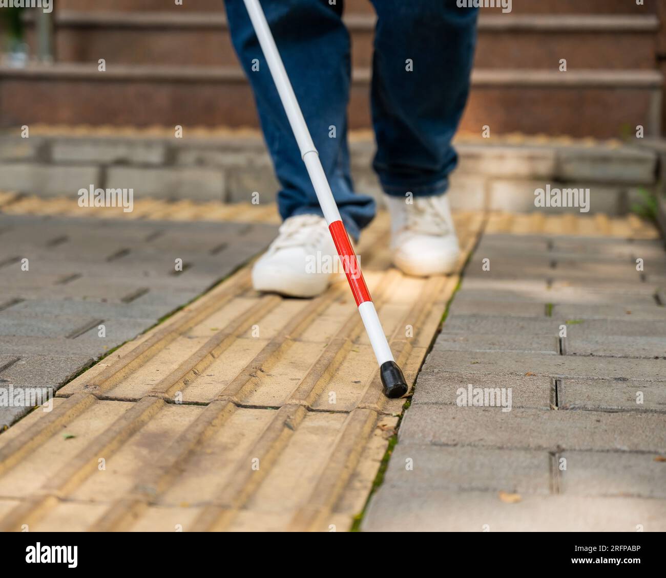 A blind woman walks outdoors using a cane along a tactile yellow tile ...