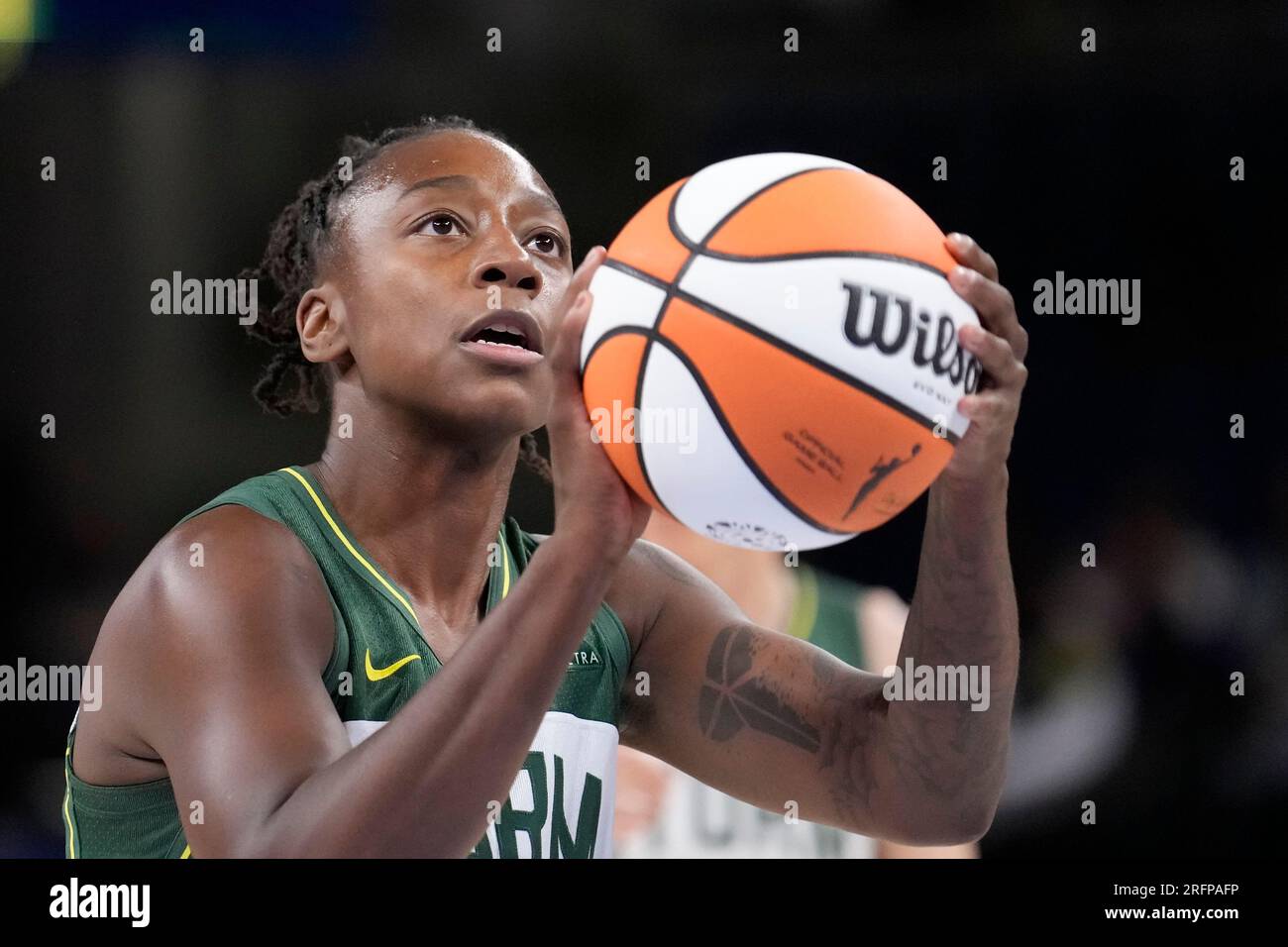 Seattle Storm's Jewell Loyd eyes a free throw during a WNBA basketball ...
