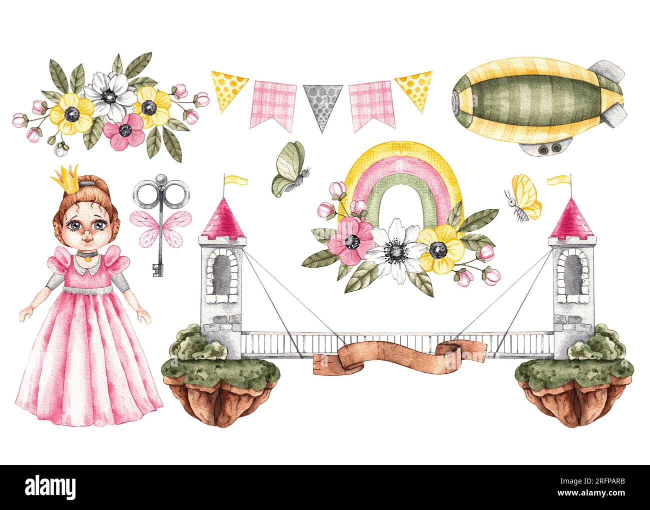 Watercolor hand drawn paper doll princess. Princess, castles in the air ...