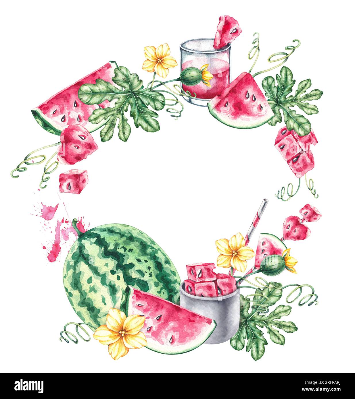 Watercolor hand drawn watermelon wreath. Watermelon, dessert, cocktail ...