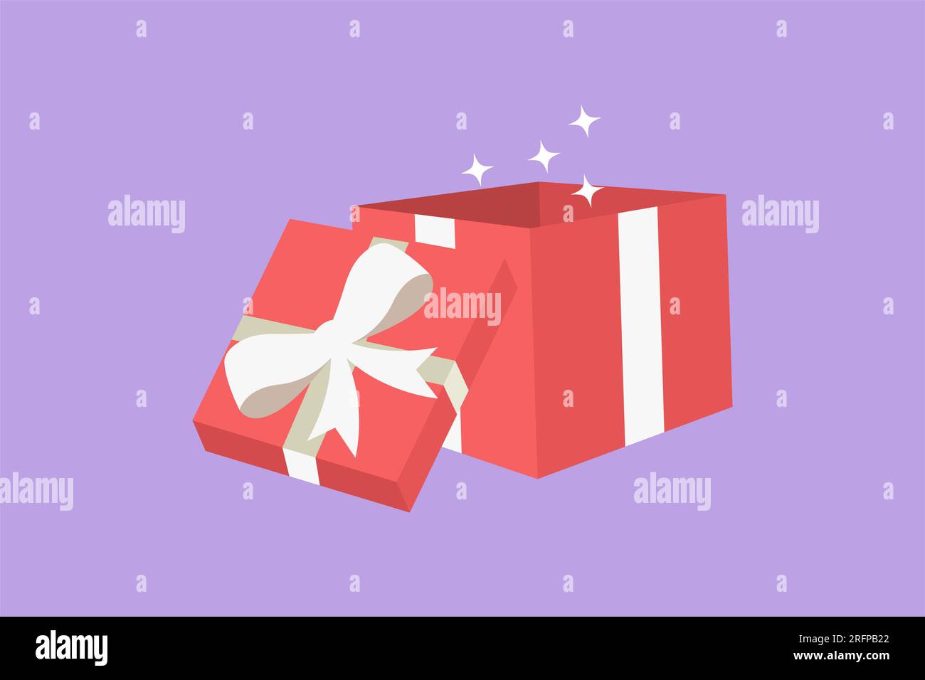 Character flat drawing of open red gift box with white ribbon and bow ...