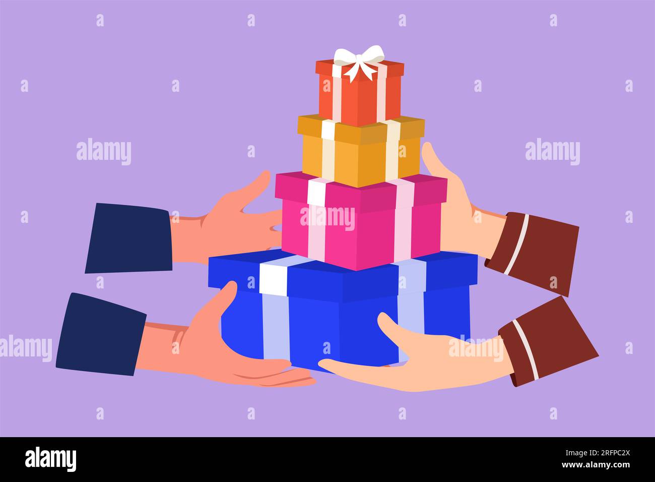 Cartoon flat style drawing people hands give pile of gift boxes. Couple ...