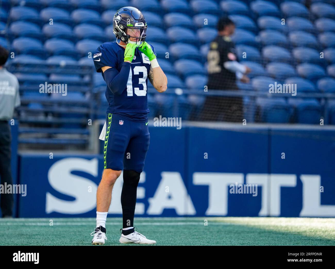 Seattle Seahawks wide receiver Cody Thompson stands on the field before ...