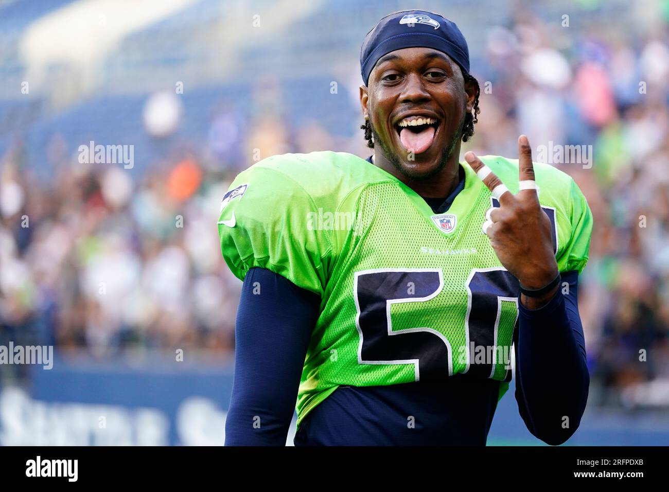 Seattle Seahawks linebacker Vi Jones poses for a photo as he comes off ...