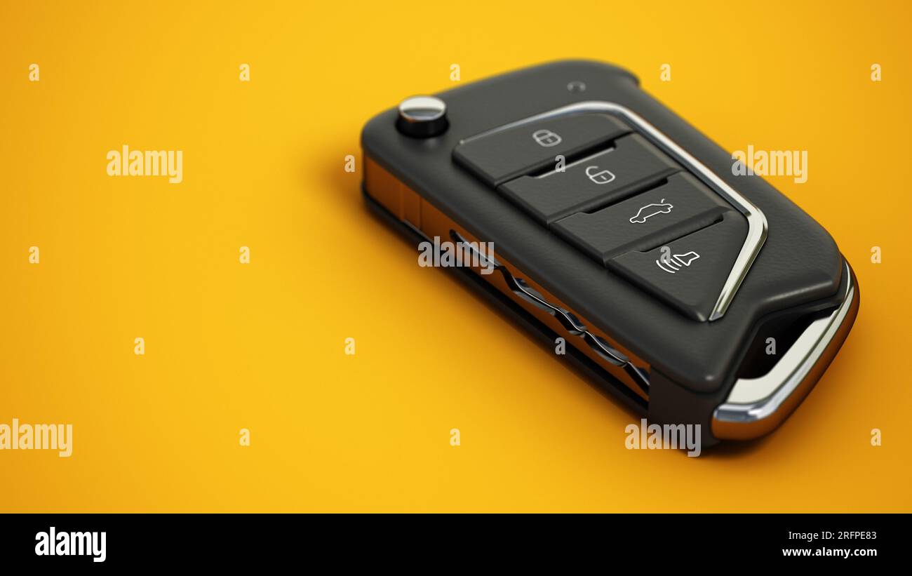 Flip car key isolated on yellow background. 3D illustration Stock Photo ...