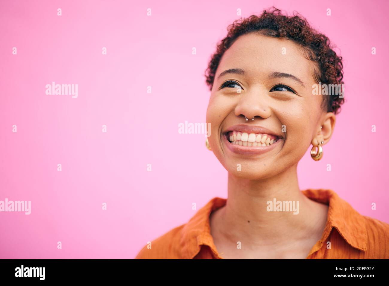 Thinking, woman and happy in studio with mockup space, gen z style and ...
