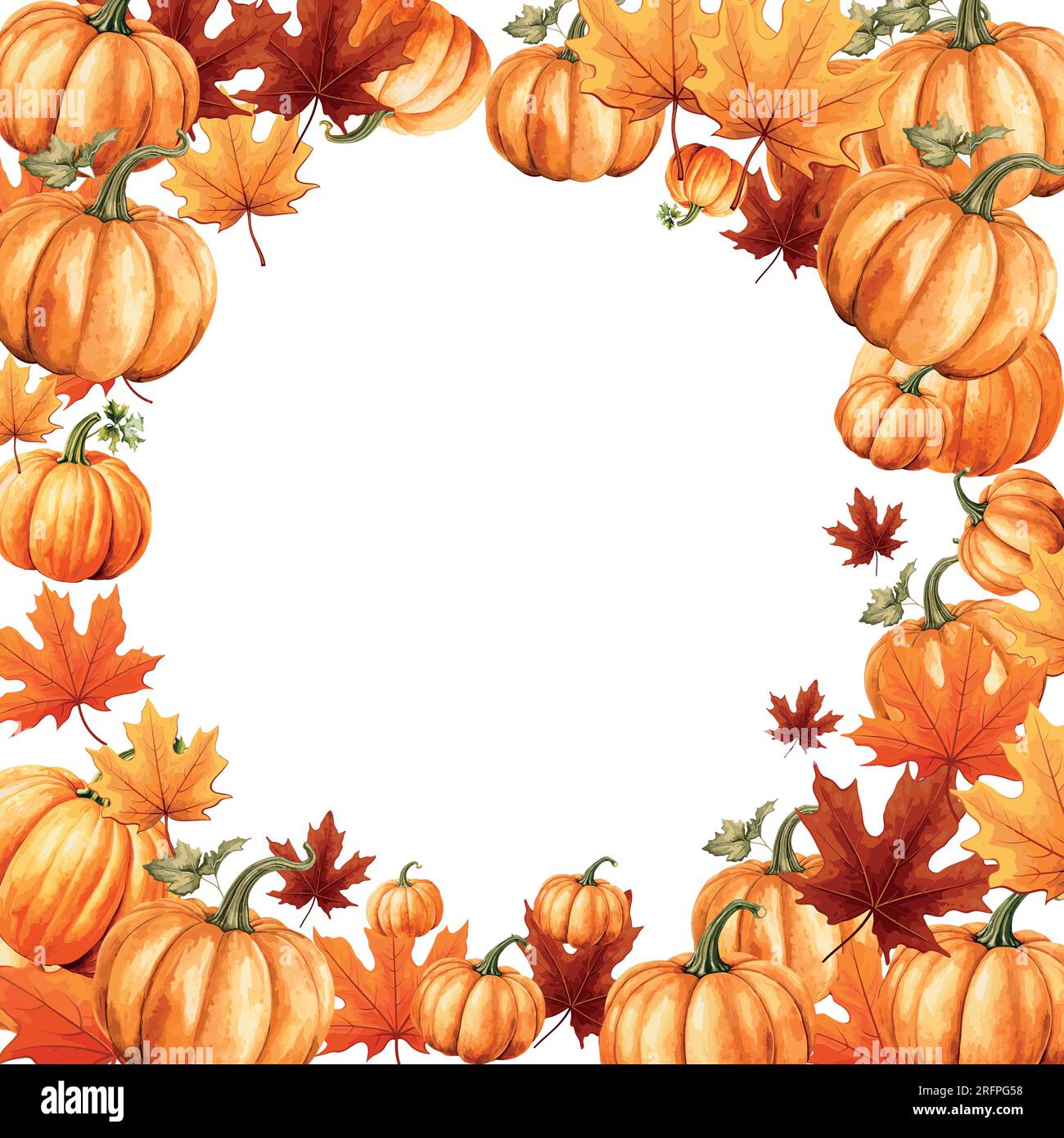 White and yellow pumpkins, orange leaves on white background. Autumn festival invitation. Border ...