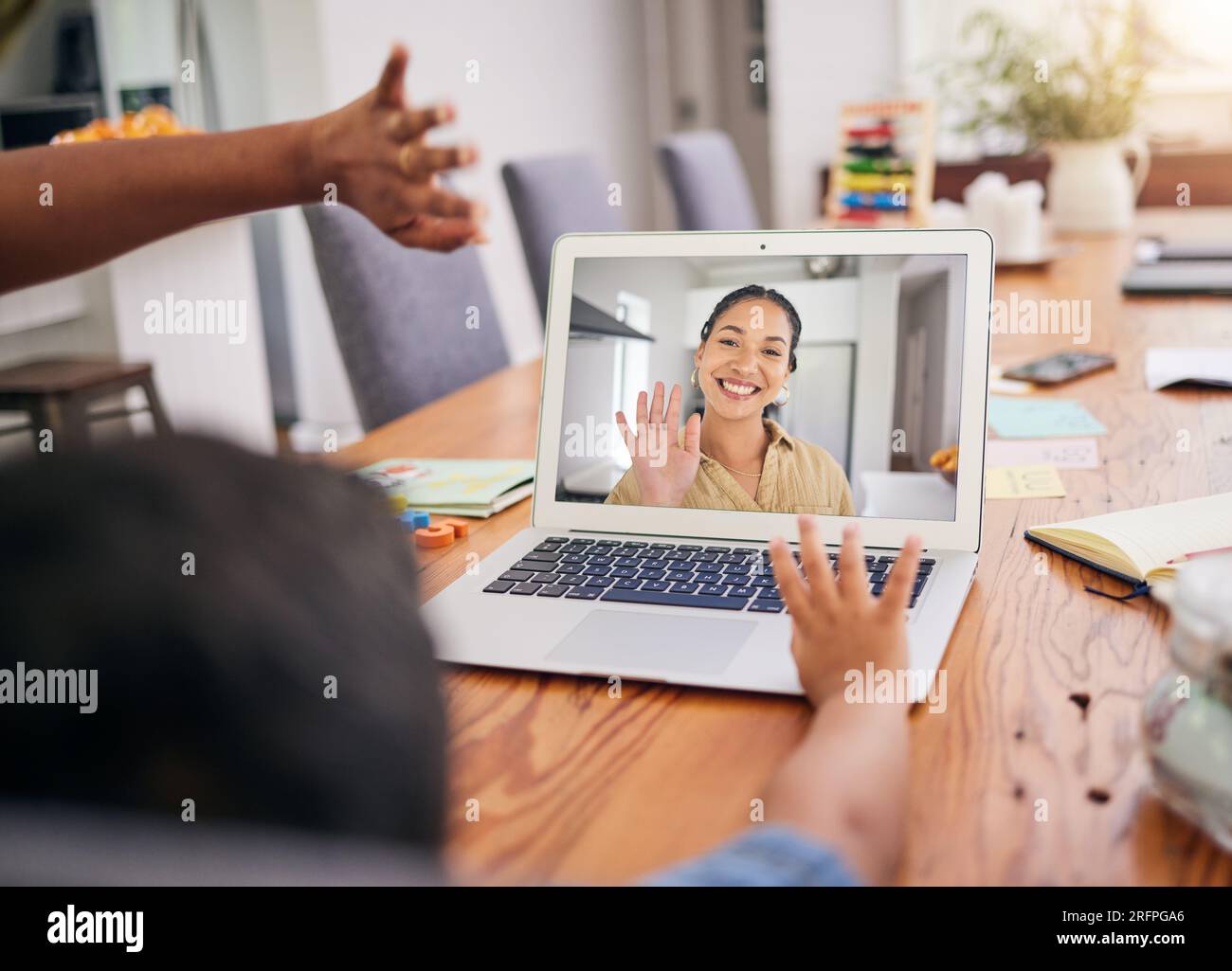 Wave, video call and child with woman teacher at home with education, e ...