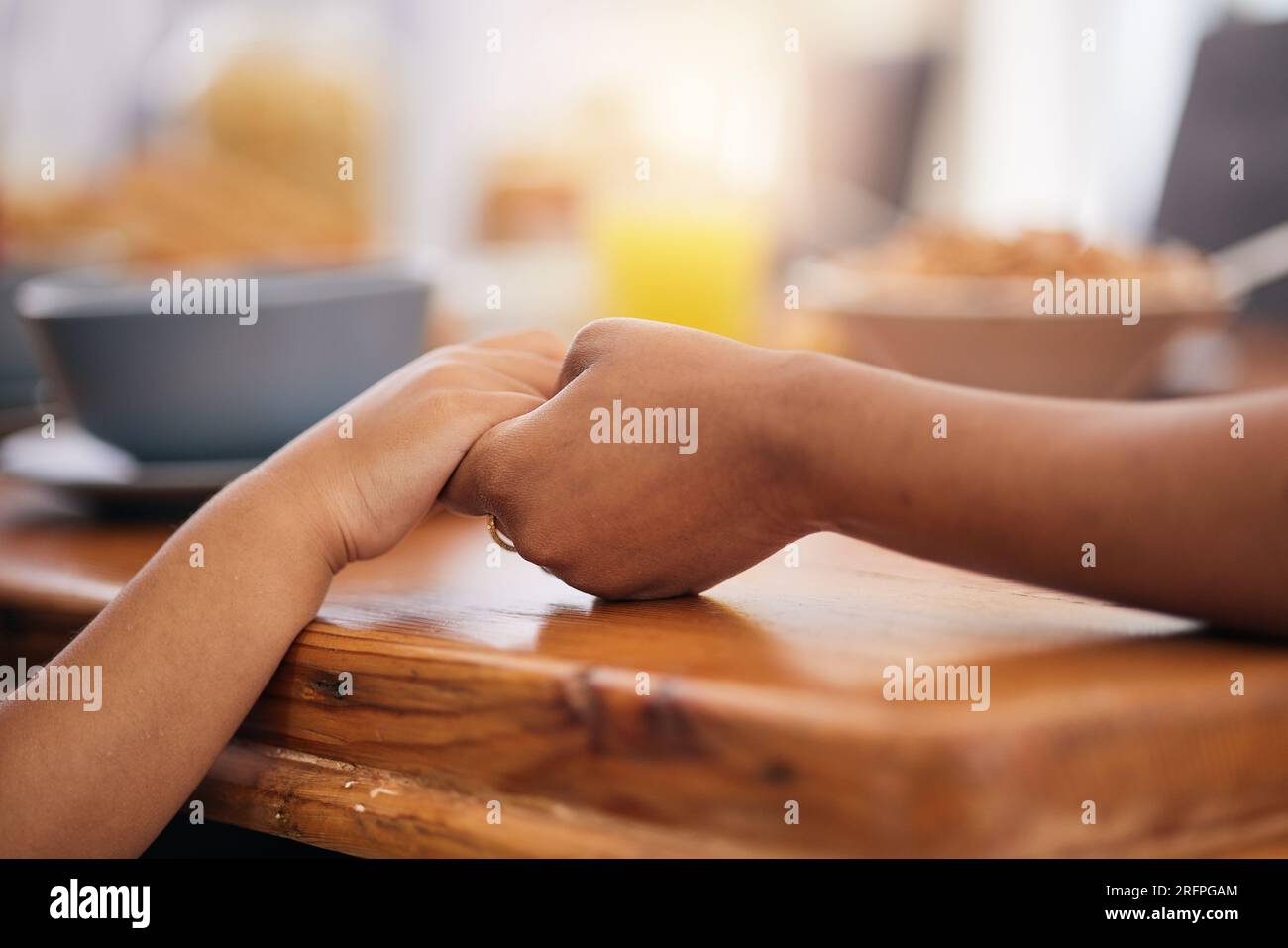Holding hands, prayer and dinner table with gratitude at family lunch ...