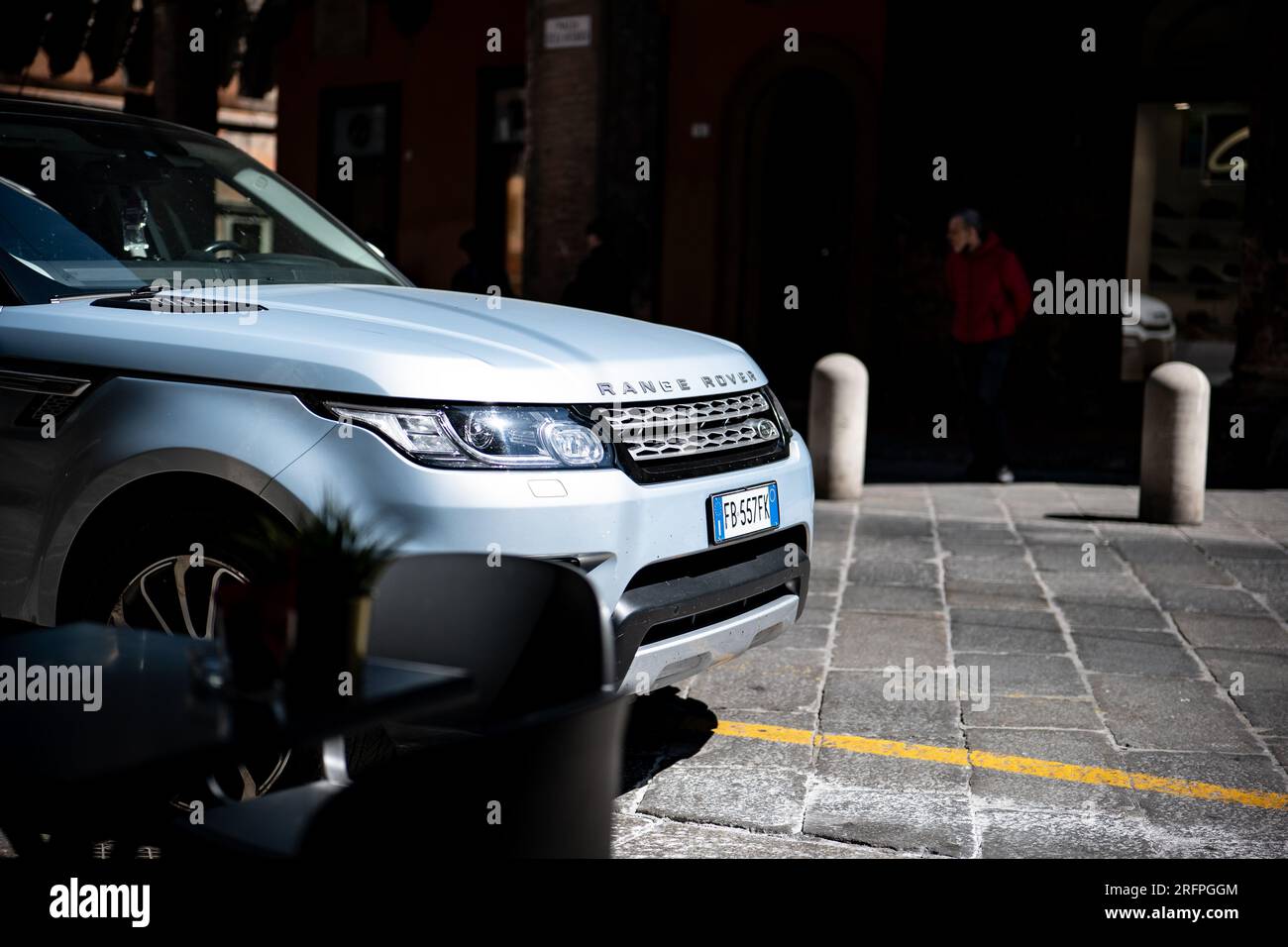 BOLOGNA, ITALY - APRIL 19, 2022: Front grill of blue Range Rover Sport ...