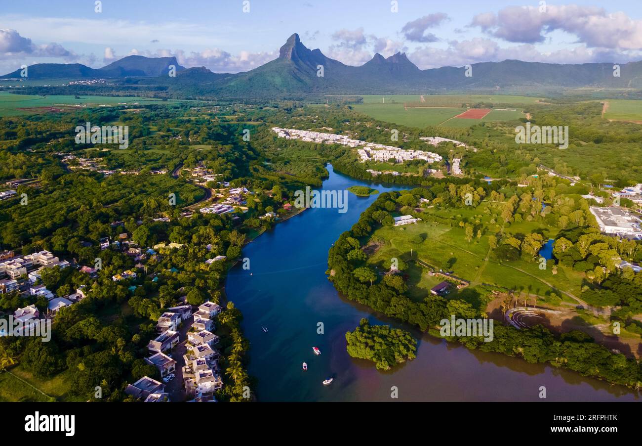 fishing boats resting at tamarin bay, Mauritius island, indian ocean ...