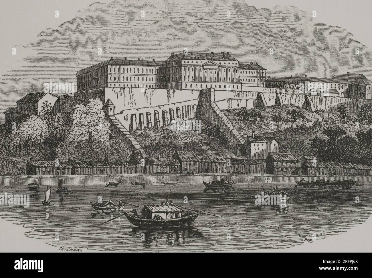 Hungary. View of the Danube River and Buda Castle from Pest. Engraving ...