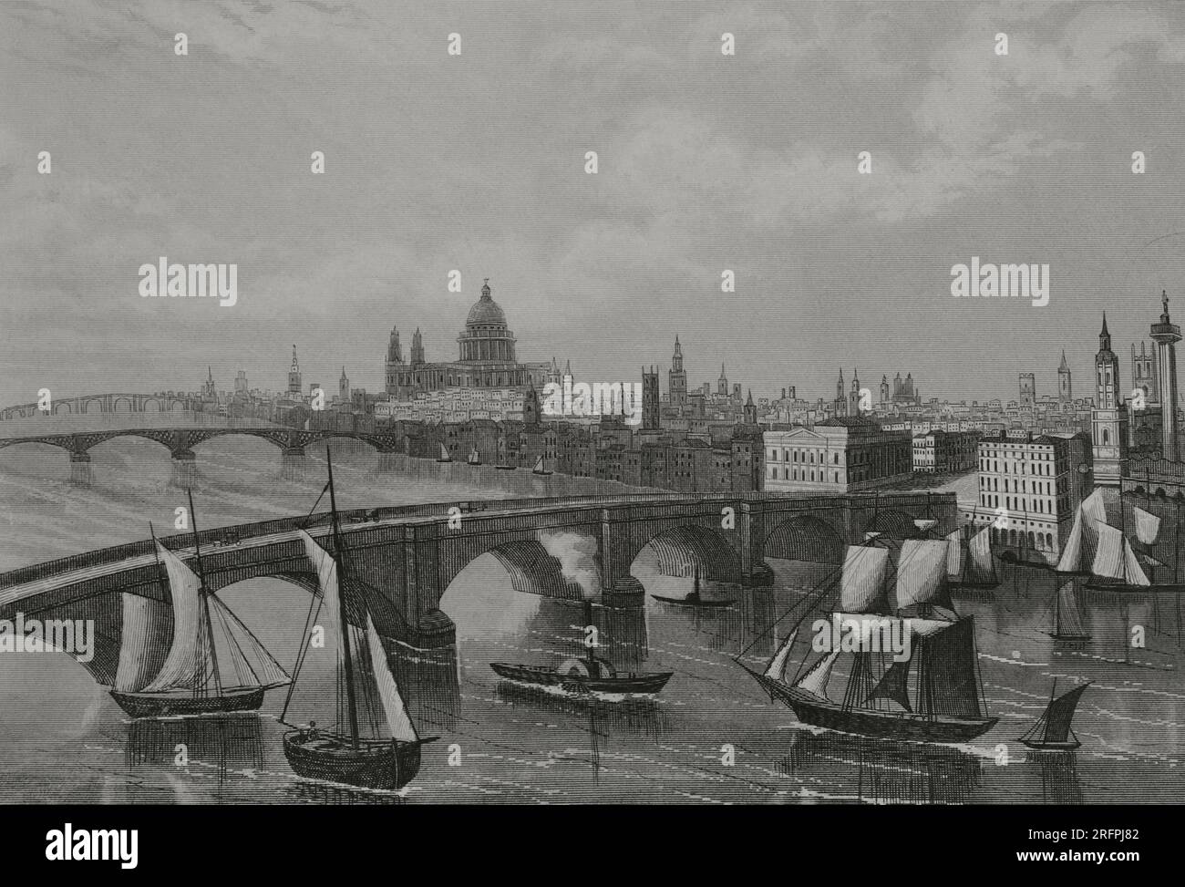 England, Great Britain. London. Panoramic view of the city. Engraving ...