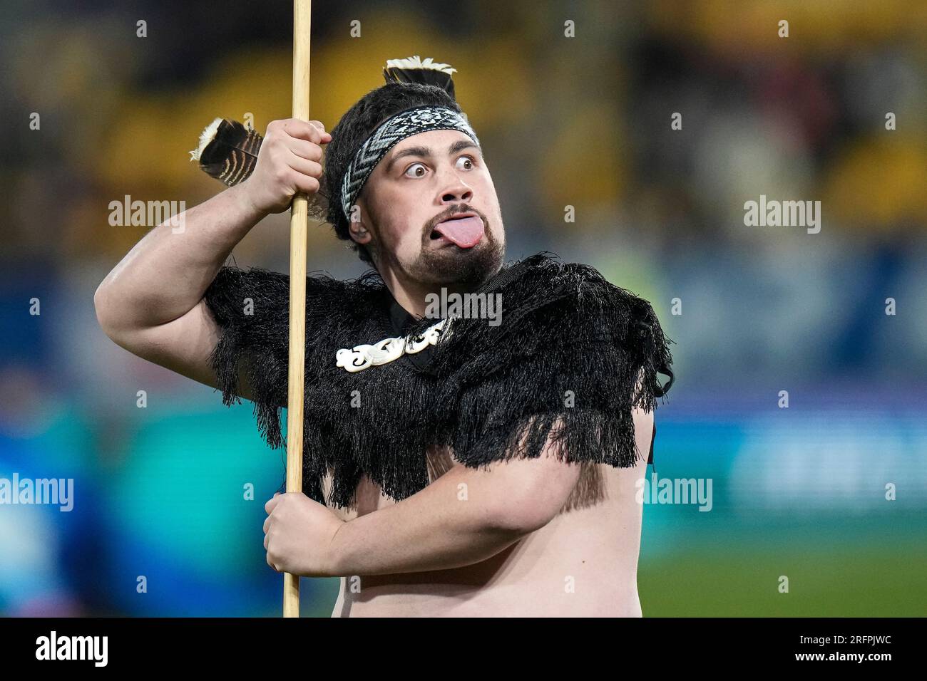 A man performs the traditional Maori Haka dance on the pitch before the ...