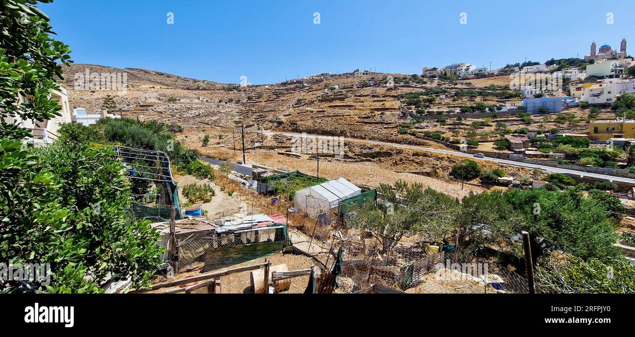 Dry landscape in the upper districts of Ermopouli, Syros Island, Greece ...