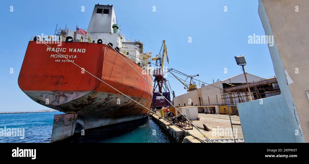 Ship at quay at ONEX shipyard, Ermopouli harbor, Syros island, Greece ...