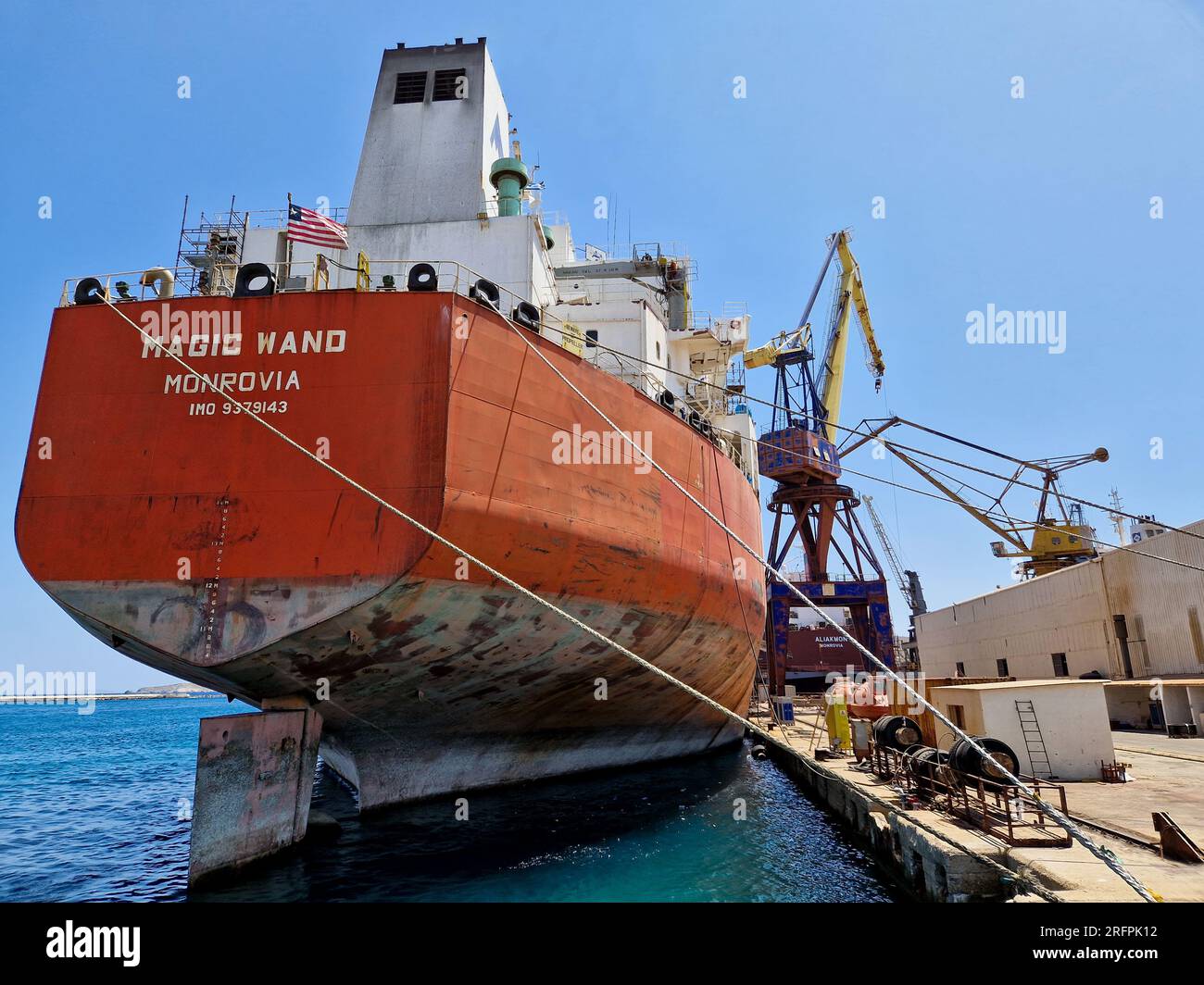 Ship at quay at ONEX shipyard, Ermopouli harbor, Syros island, Greece ...