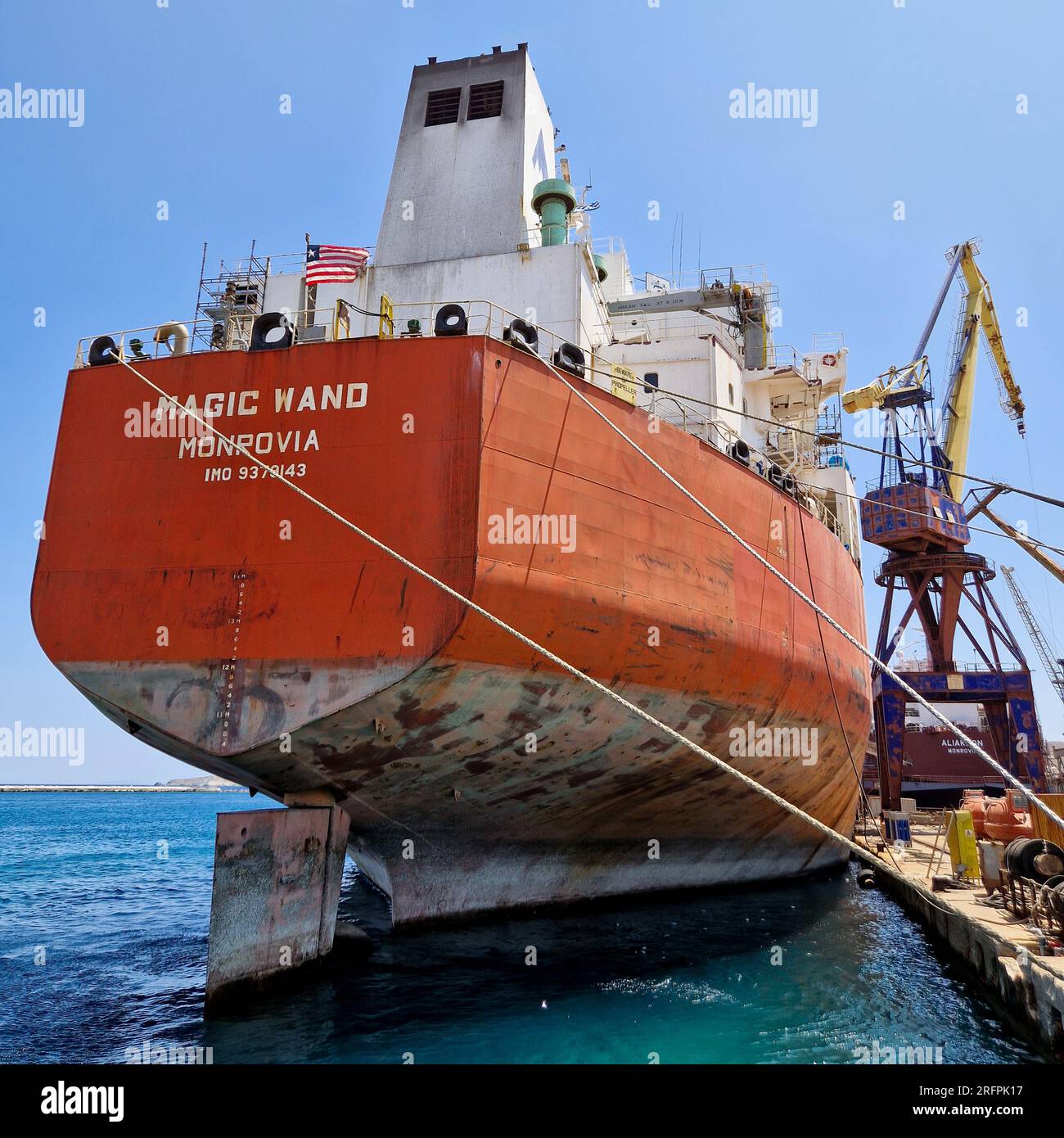 Ship at quay at ONEX shipyard, Ermopouli harbor, Syros island, Greece ...