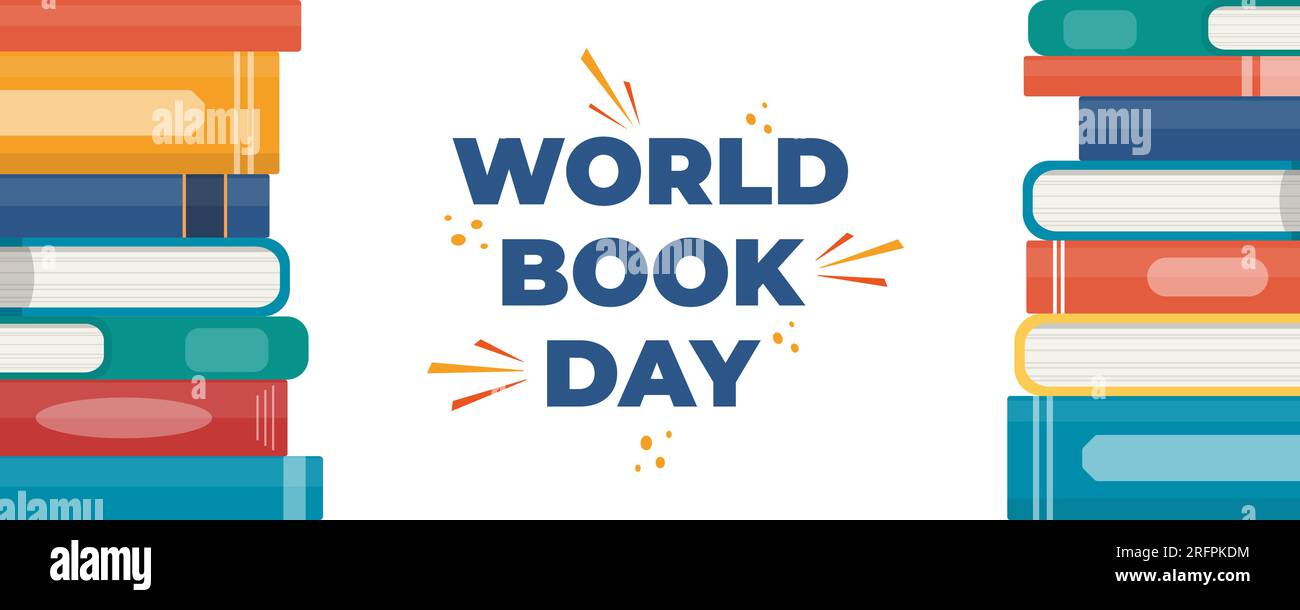 World book day. Stack of books and lettering. Designed to greeting or ...