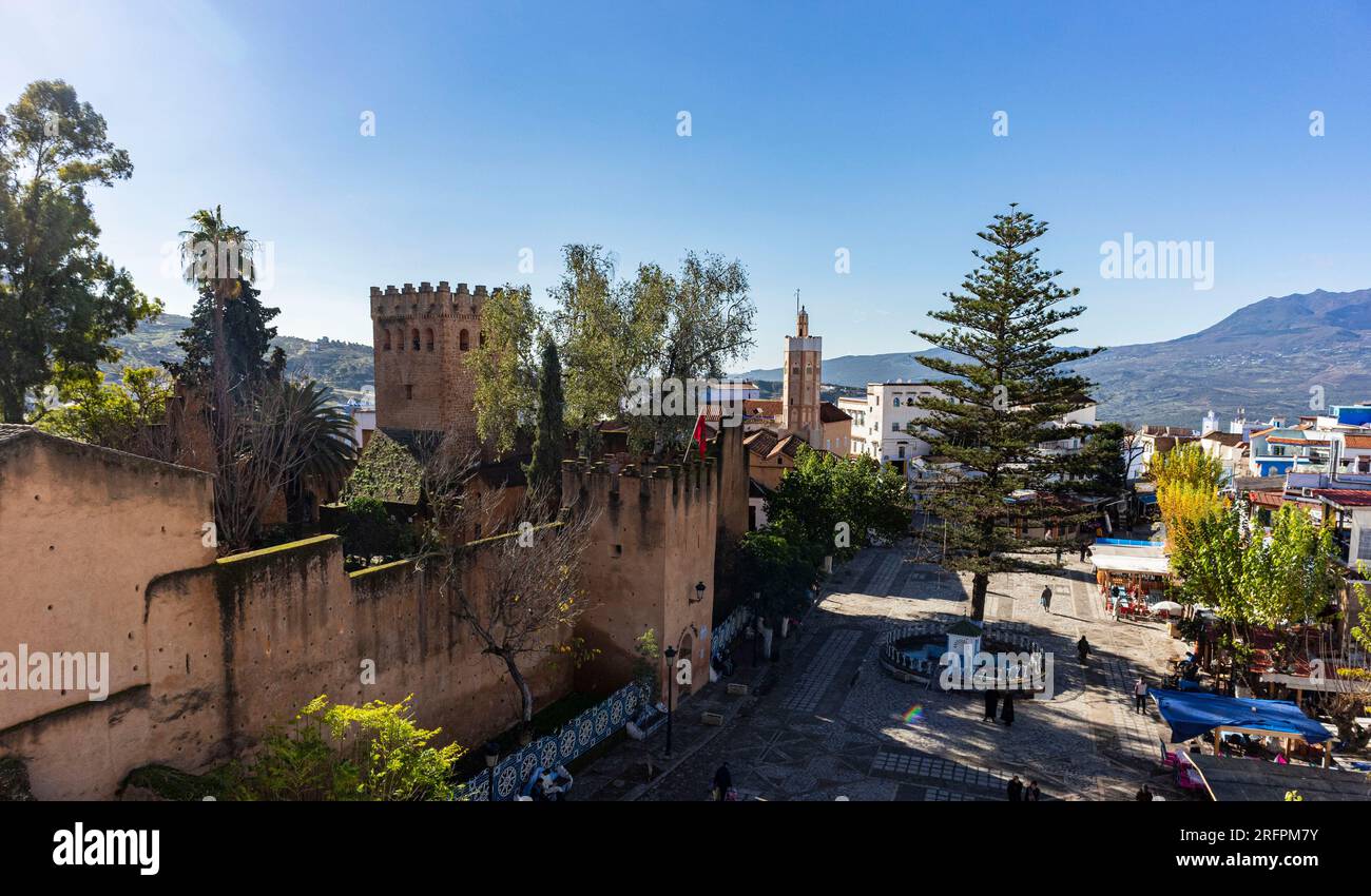 A view of the town square and a castle with trees grown up all around ...
