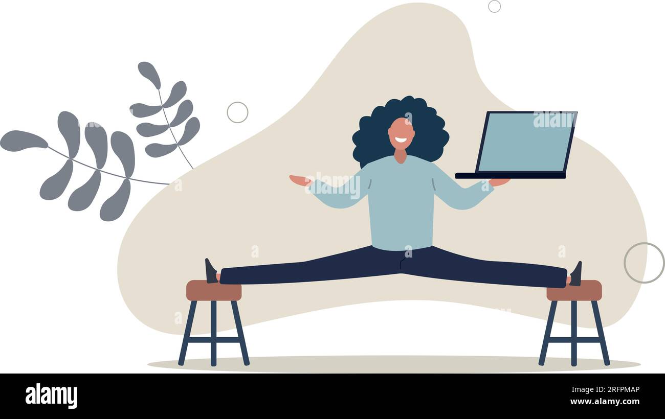 businesswoman working with laptop computer stretching her leg between ...