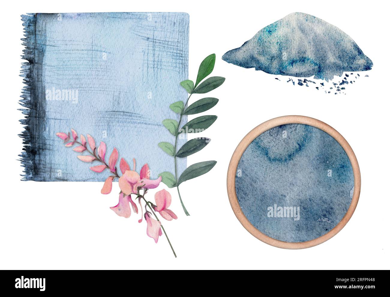 Hand drawn watercolor indigo coloring natural plant dye and materials ...