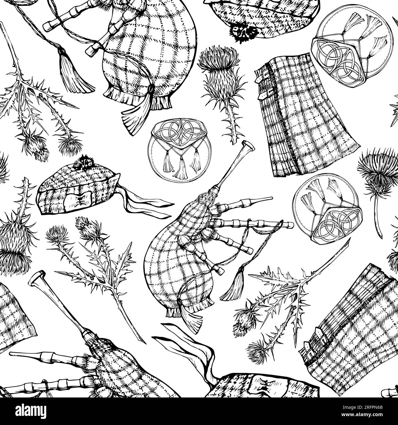 Ink hand drawn graphic vector sketch. Seamless pattern with scottish ...